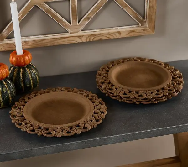 VALERIE PARR HILL Set Of 4 13' Wooden Chargers W/ Scroll Design Valerie