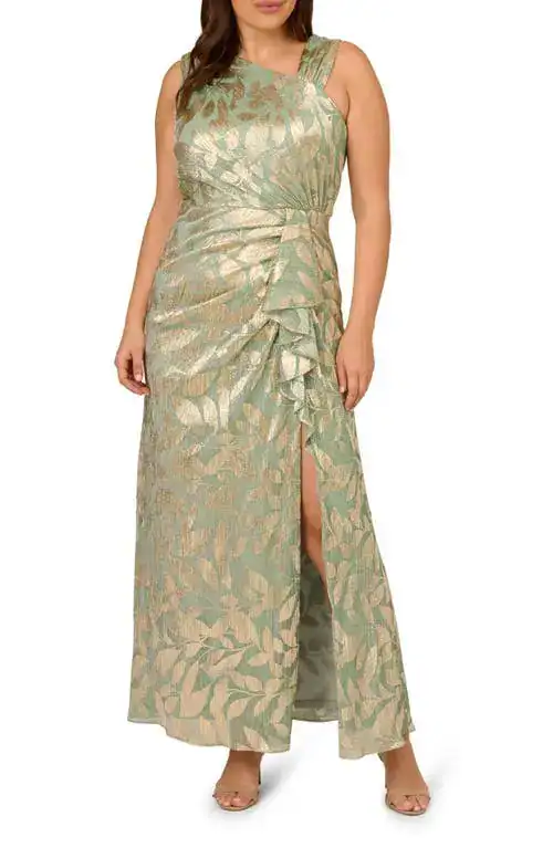 navy blue dress for baby girl Adrianna Papell Asymmetric Metallic Foil Leaf Gown - Sage/Gold