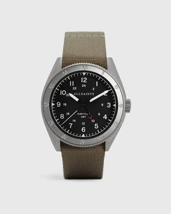 Allsaints Subtitled Gmt Ii Stainless Steel And Nylon Watch In Grey