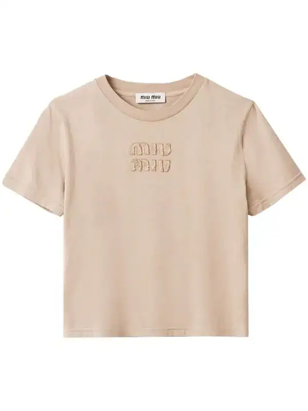 MiuMiu ロゴ入り Tシャツ ベージュ Miu Miu Men's' Logo Patch Long T-Shirt in Beige | LN-CC®