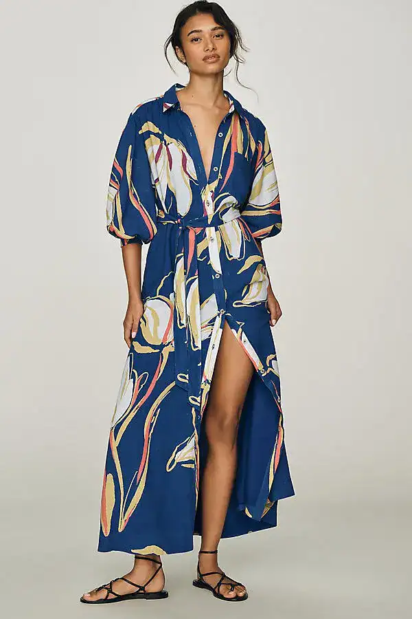 Mona Linen Shirt Dress - Blue Floral