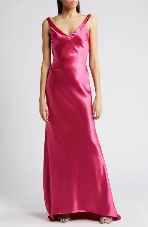 green emerald velvet dress Raspberry Sleek Satin V-Neck Dress For Prom With Beading And Lace-Up B main image 1
