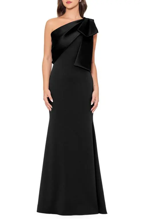 Betsy & Adam Satin Bow Crepe Mermaid Gown - Black