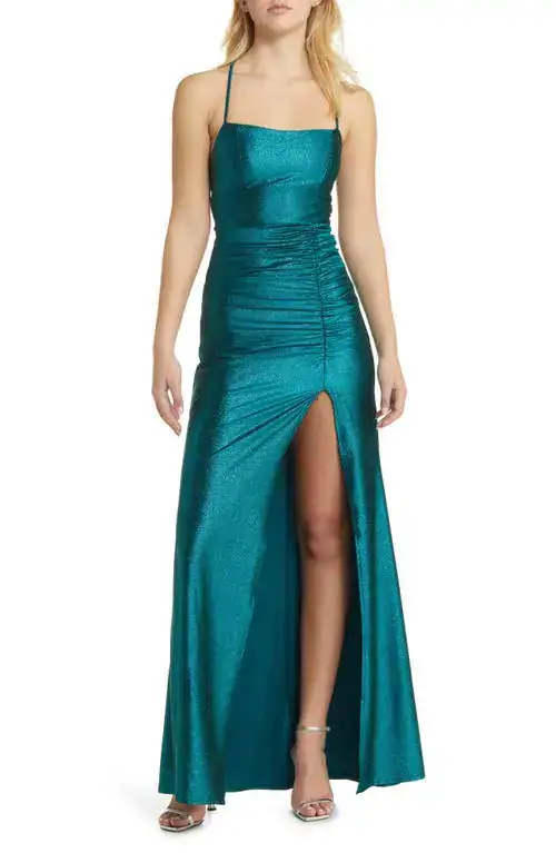 Emerald Sundae Glitter Ruched Sleeveless Gown - Emerald | Editorialist
