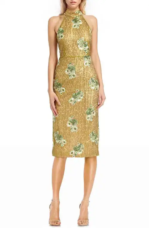 Badgley Mischka Floral Embroidery Sequin Sheath Dress - Citrus |  Editorialist