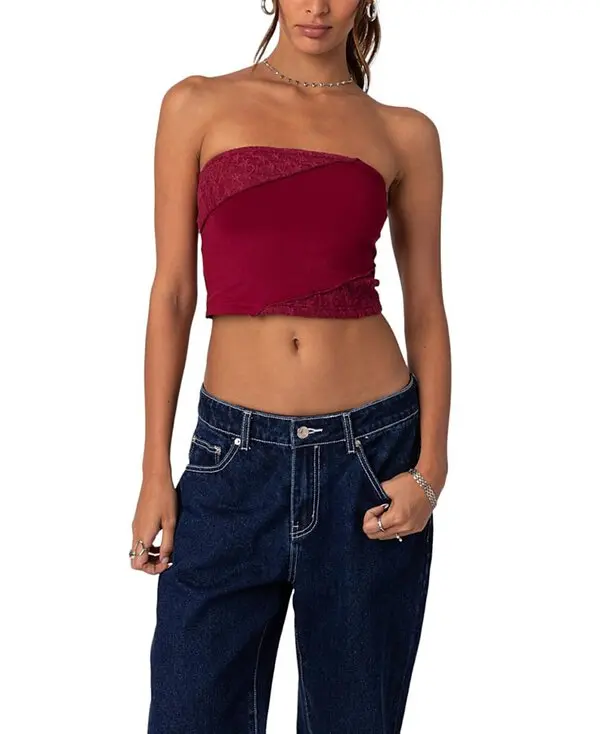 EDIKTED Lace Patchwork Tube Top - Burgundy