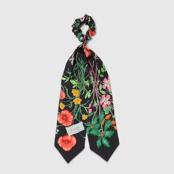 Gucci Flora Print Silk Scrunchie - Black | Editorialist