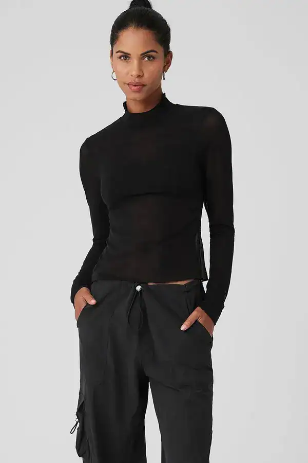 Alo Yoga® Mesh Sheer Illusion Mock Neck Long Sleeve Top - Black ...