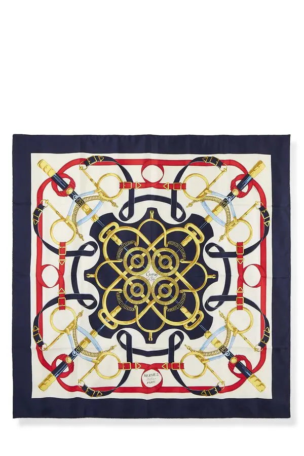 Hermès Multicolor 'eperon D'or' Silk Scarf 90 - Navy