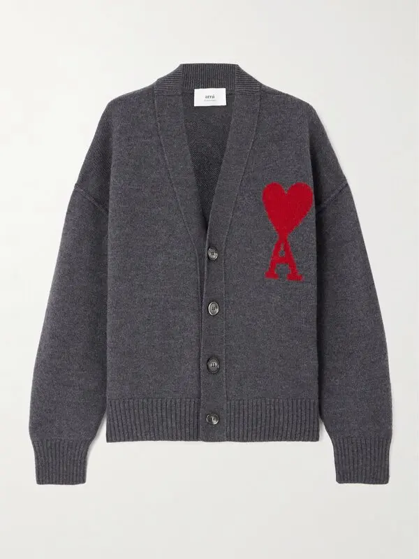 Ami Net Sustain Adc Intarsia Wool Cardigan - Gray