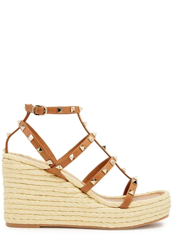 Valentino Garavani Rockstud Leather Wedge Espadrilles - Tan