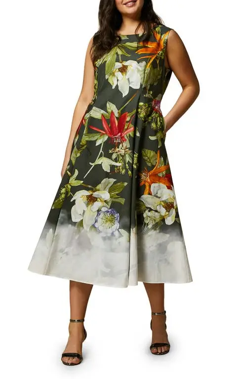 Marina Rinaldi Trento Placed Floral Sleeveless Cotton Poplin Dress