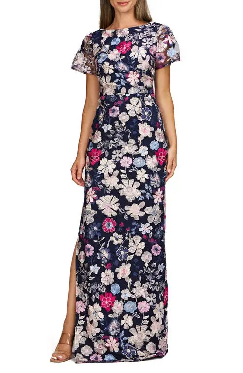 Js Collections Magnolia Floral Embroidery Gown - Navy Multi
