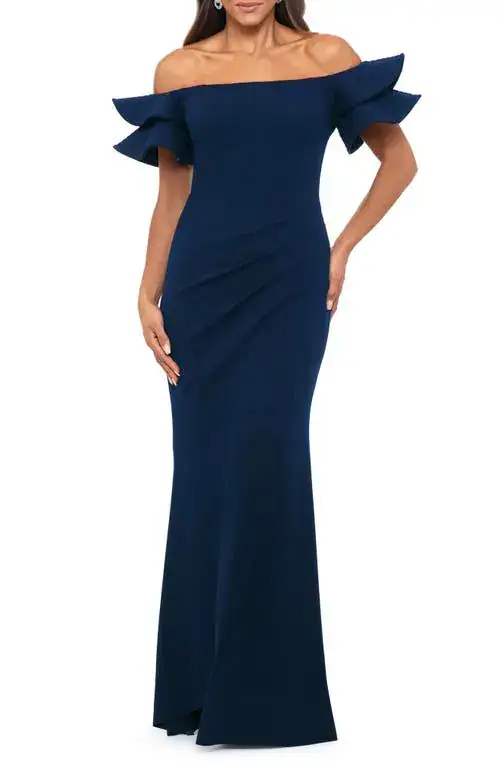 Xscape Ruffle Sleeve Off The Shoulder Scuba Crepe Sheath Gown - Navy ...