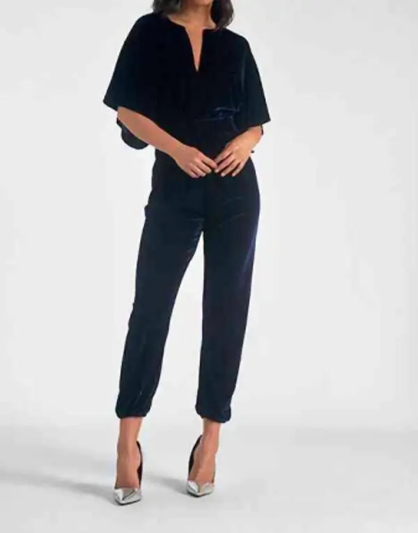 Buy Elan Velvet Jumpsuit In Midnight Blue - Black At 41% Off | Editorialist
