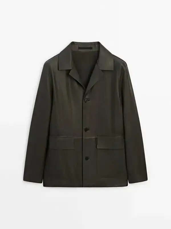 Massimo Dutti Leather Overshirt Studio - Dark Olive Green | Editorialist