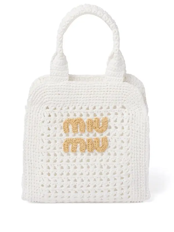 Miu Miu Crochet Raffia Tote Bag - White