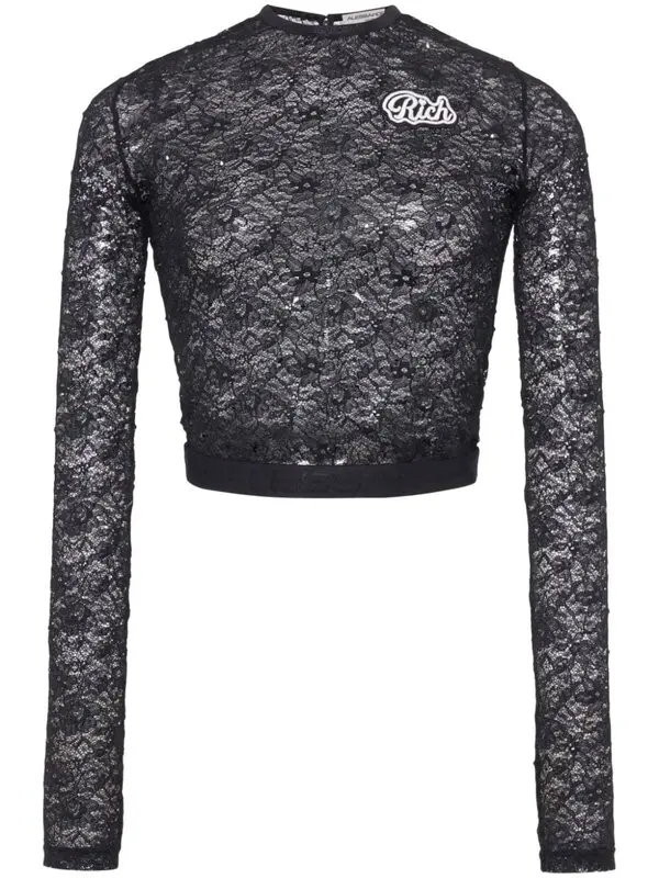 Alessandra Rich Logo-appliqué Lace Crop Top