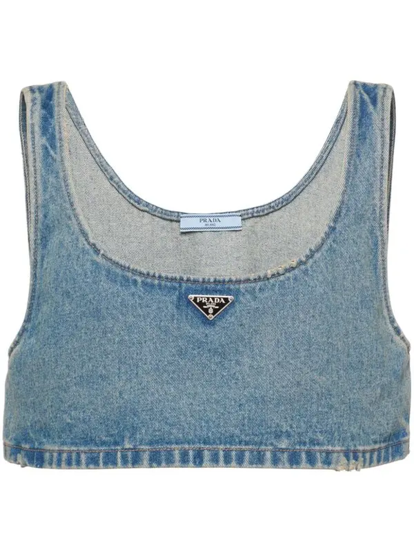 Prada Triangle-logo Denim Crop Top