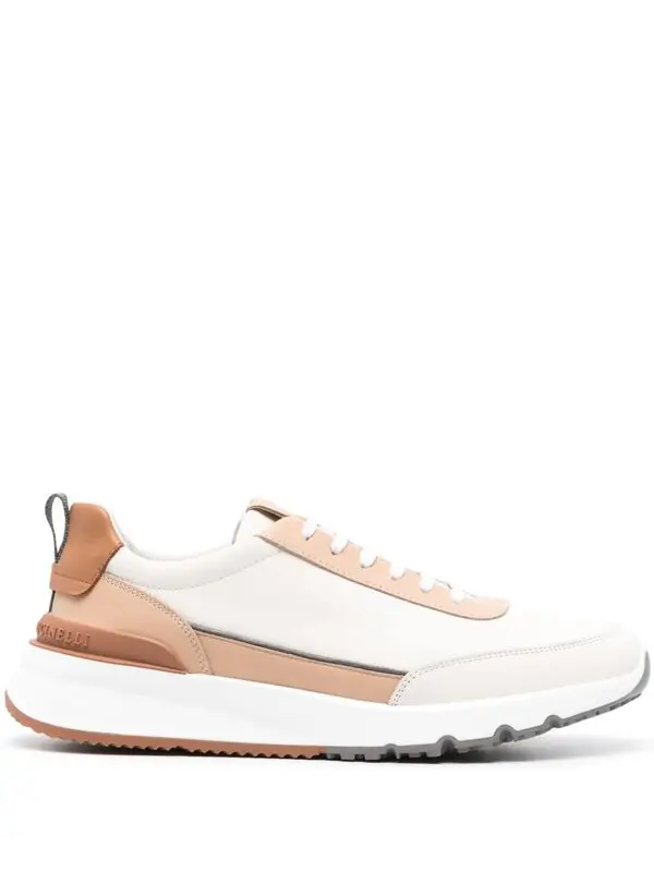 Brunello Cucinelli Embroidered Logo Leather Sneakers - Neutrals