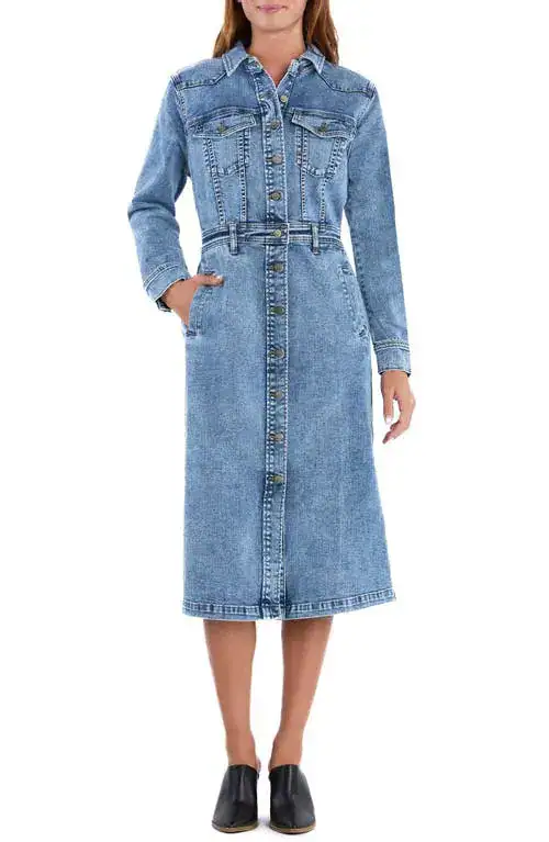 Wash Lab Denim Western Long Sleeve Midi Shirt Dress - Vintage Blue |  Editorialist