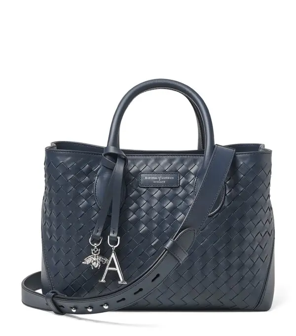 ASPINAL OF LONDON Midi Woven Leather London Tote Bag - Navy