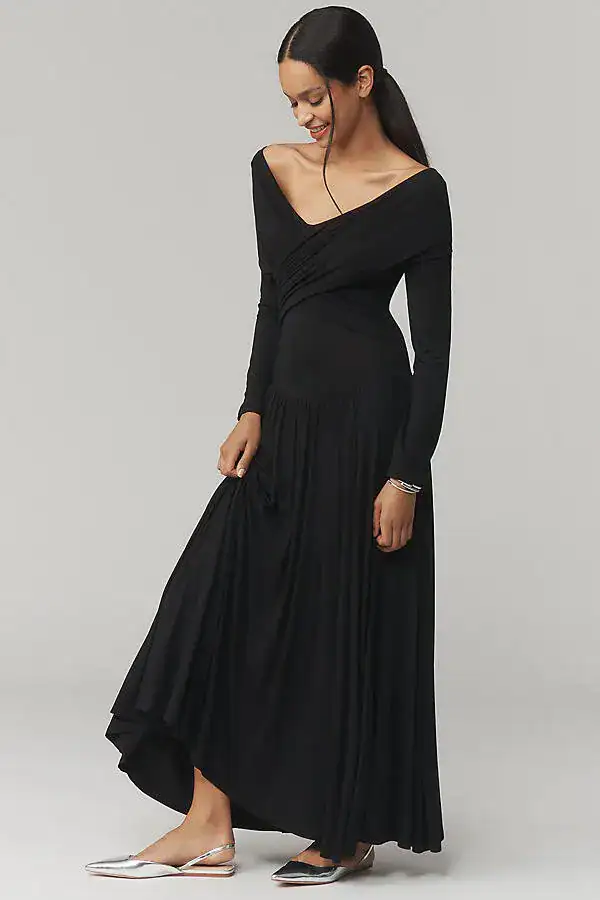 Anthropologie Long-Sleeve Off-The-Shoulder Knit Maxi Dress In Black - 32%  Off | Editorialist
