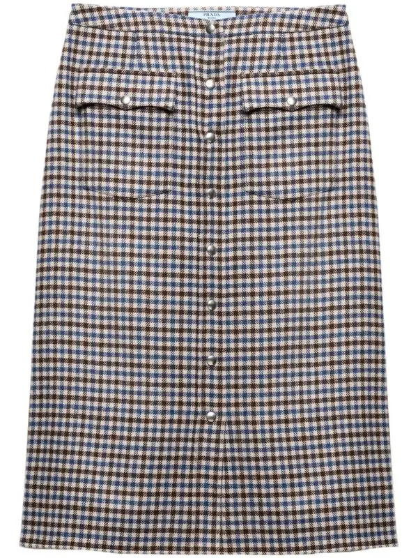 Prada Wool Checked Midi Skirt - Brown