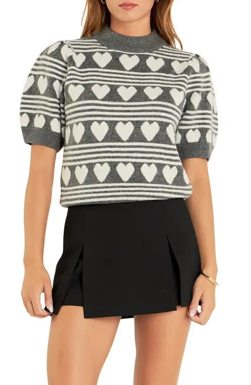 English Factory Heart Stripe Puff Sleeve Sweater
