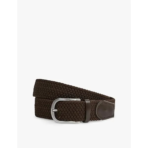 REISS Plaited Woven Belt - Dark Brown