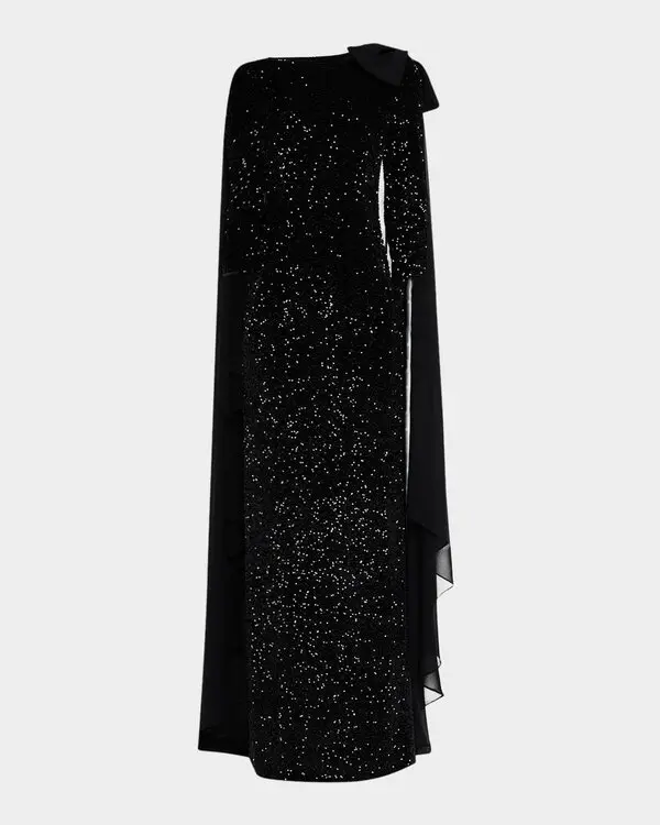 Rickie Freeman For Teri Jon Sequin Velvet Column Gown With Cape