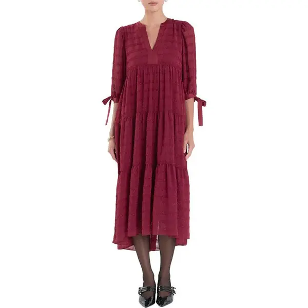 English Factory Textured Chiffon Midi Dress - Bordeaux