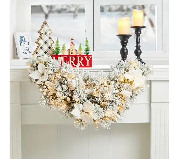 GLITZHOME 3' Pre-lit Snow Flocked Pine & Berry Hristmas Swag
