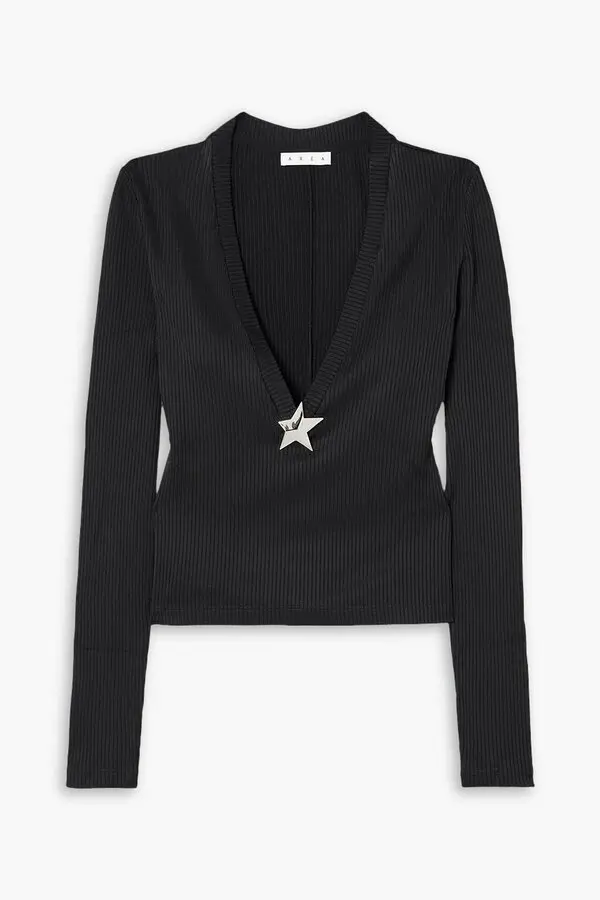 AREA Embellished Ribbed Jersey Top - Black