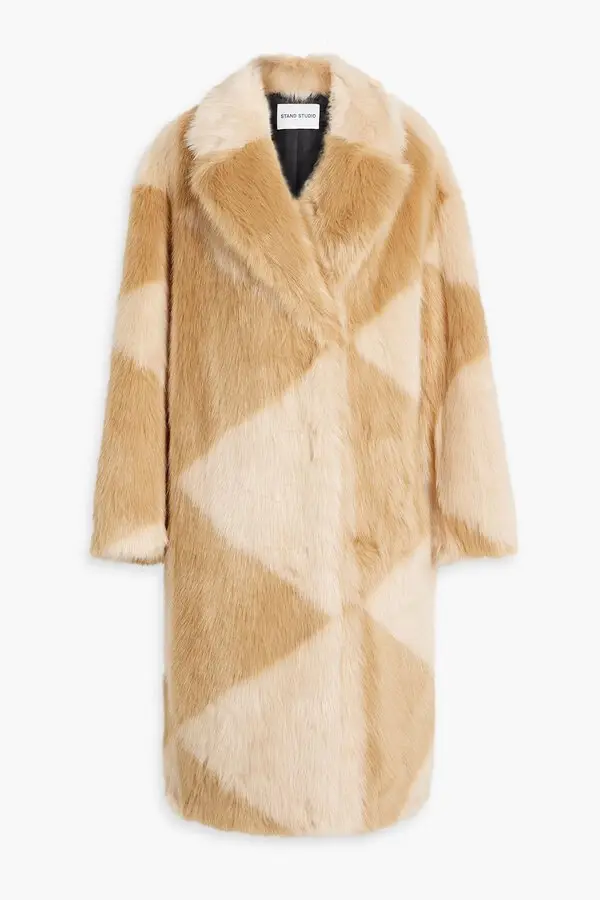 STAND STUDIO Genevieve Checked Faux Fur Coat