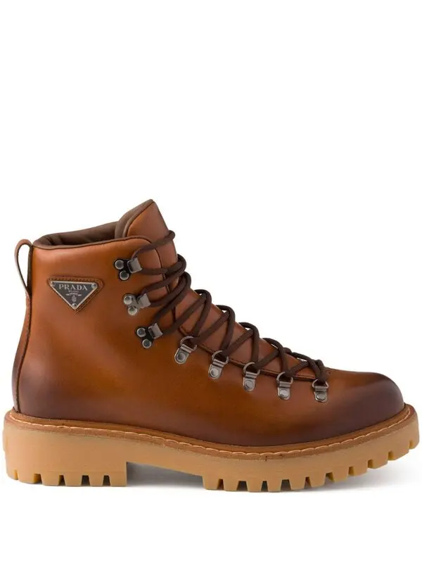 Prada Laced Leather Ankle Boots - Brown