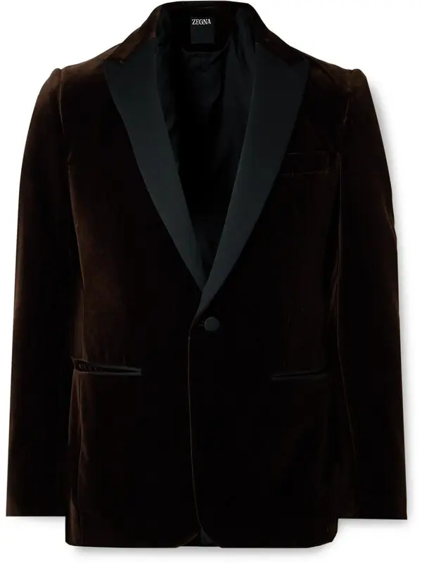 Zegna Satin-trimmed Cotton-velvet Tuxedo Jacket - Brown