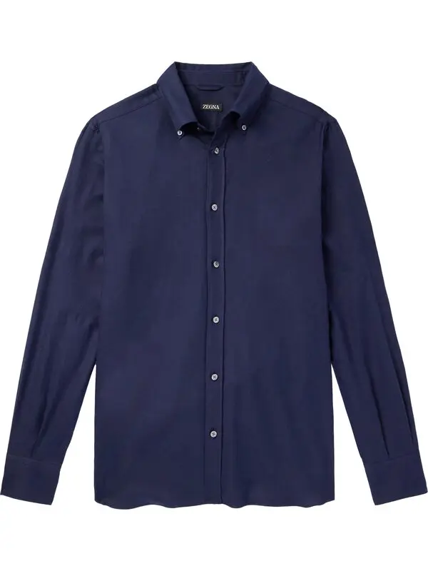 Zegna Button-down Collar Brushed Cotton-twill Shirt - Blue