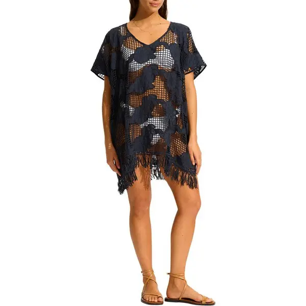 Seafolly Sheer Mesh Cover-up Caftan - True Navy