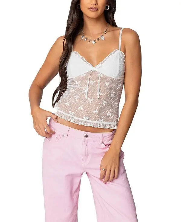 EDIKTED Polka Dot & Bow Sheer Tank Top