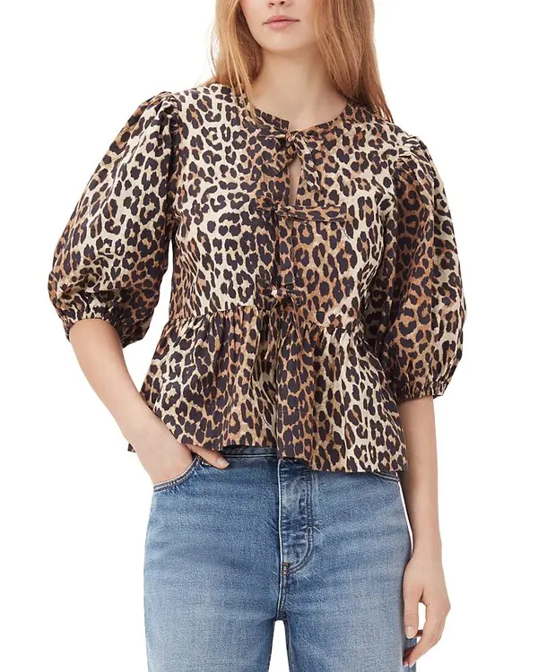 GANNI Tie Front Peplum Blouse - Leopard