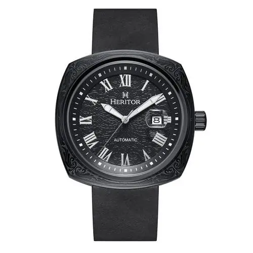 HERITOR AUTOMATIC Davenport Engraved Leather-band Strap Watch With Date - Black