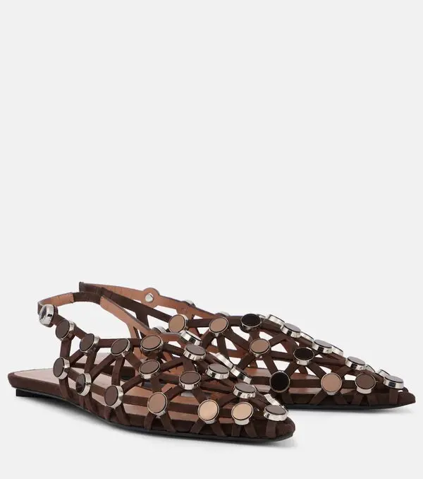Attico Grid Embellished Slingback Flats - Brown