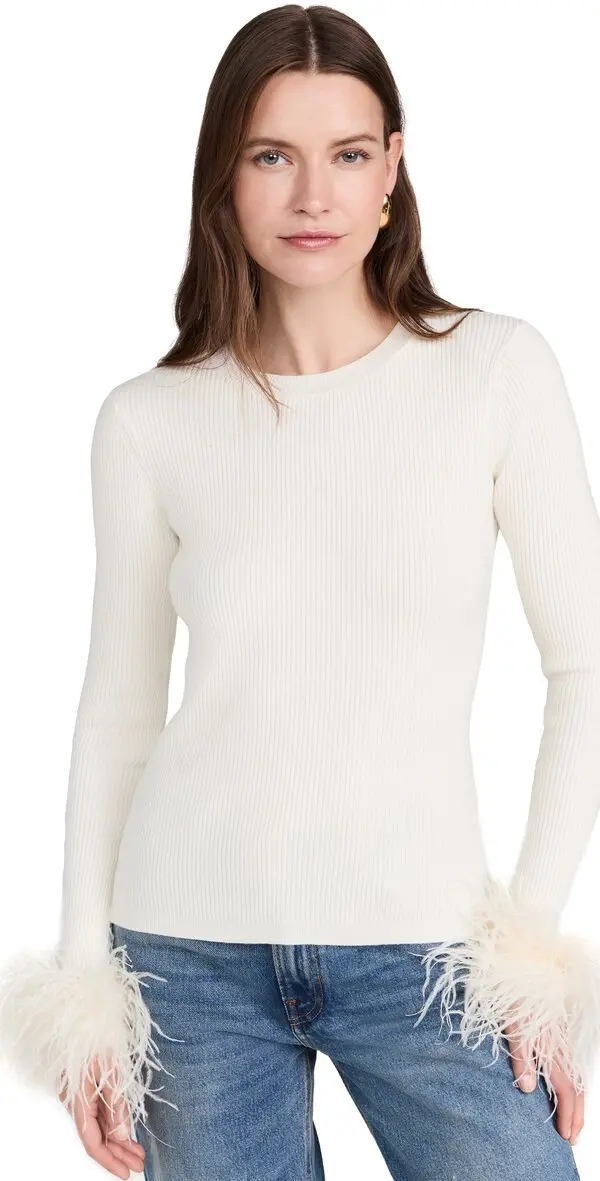 Le Superbe Extra Crew Sweater With Ostrich Feather Cuffs - Ivory