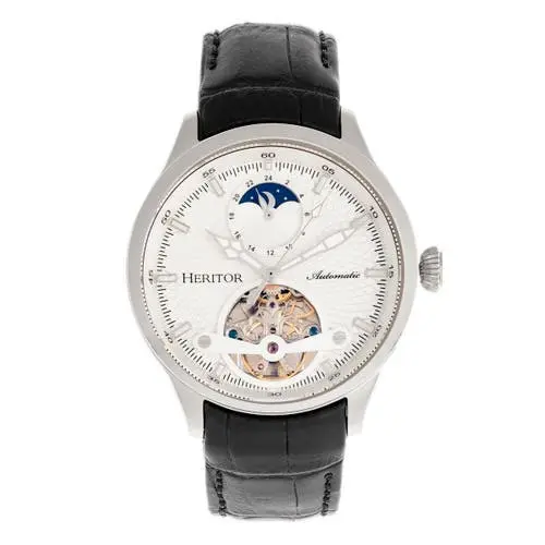 HERITOR AUTOMATIC Semi-skeleton Leather-band Watch - Silver/black