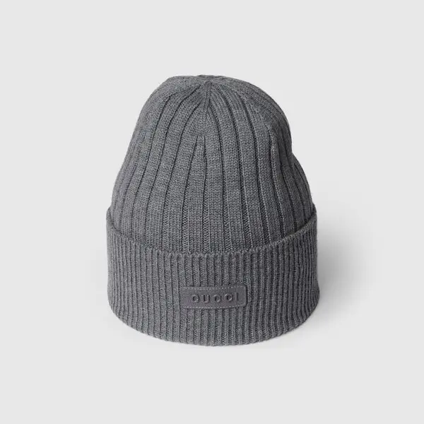 Gucci Rib Knit Wool Beanie With Detail - Grey