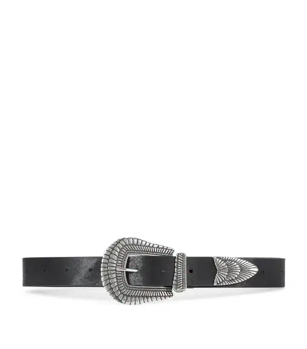 The Kooples Spell Out Logo Western Etched Black Leather Belt 