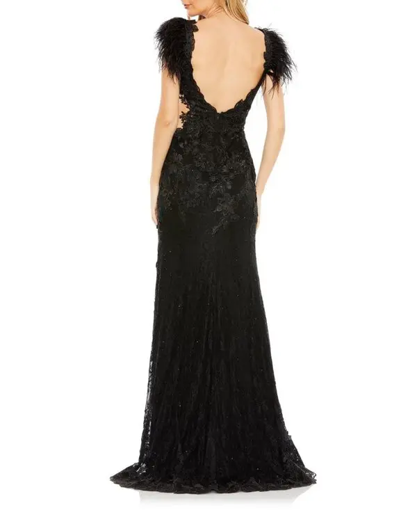 Mac Duggal Feather Cap-sleeve Lace Gown
