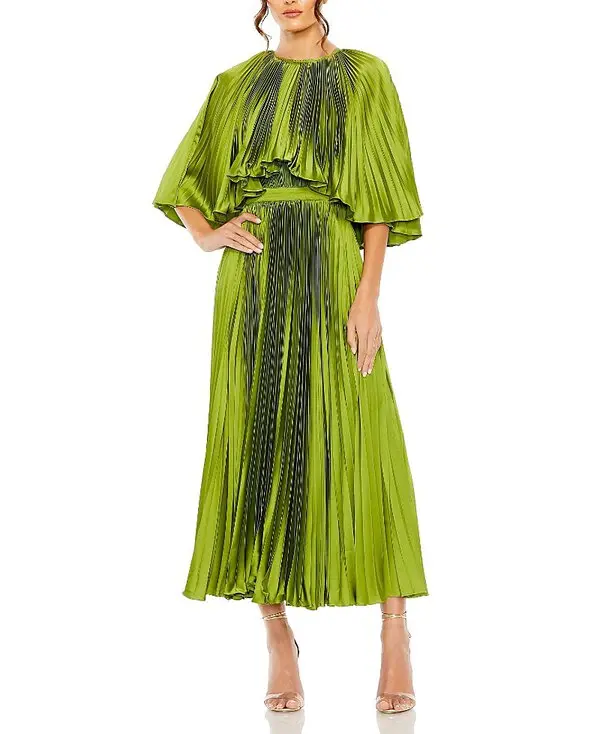 Mac Duggal Pleated Caplet Tea-length Gown - Apple Green