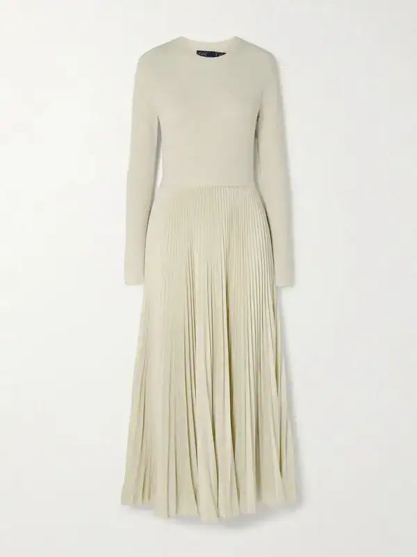 Ralph Lauren Pleated Wool Ribbed-Knit Midi Dress - Cream | Editorialist